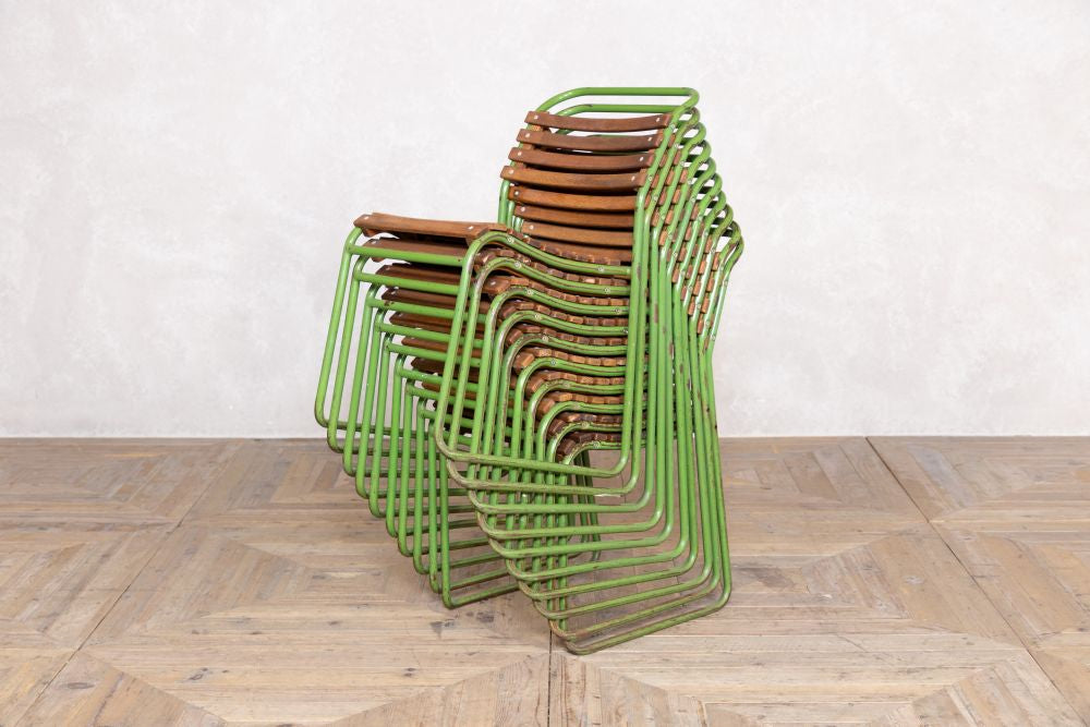 Set of 10 Vintage Green Stacking Chairs| Peppermill Interiors